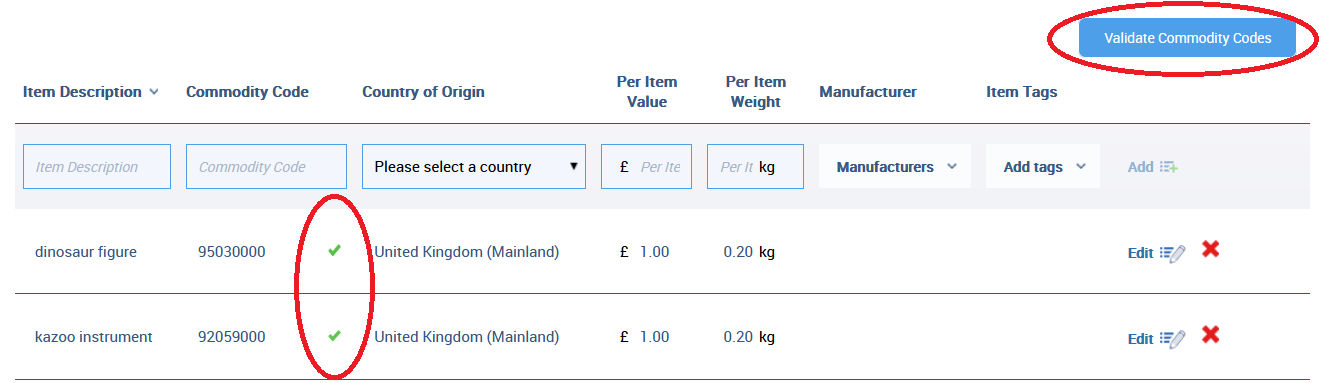 Improved commodity code validation for international shipments